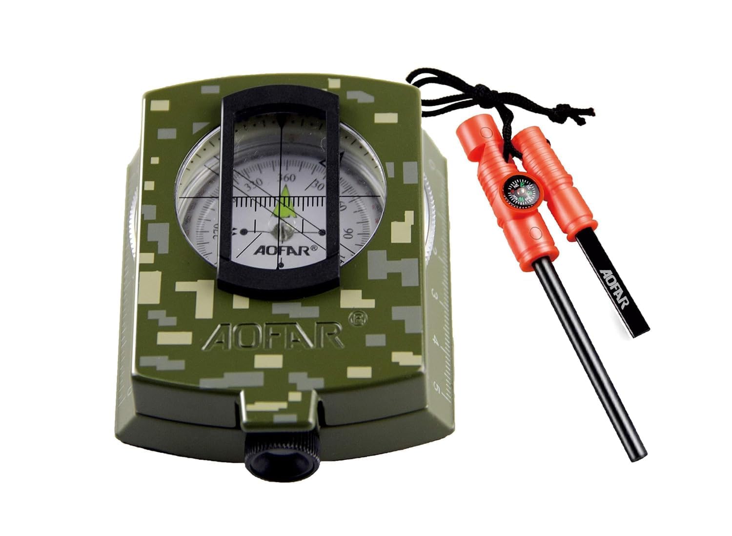 AOFAR Military Compass and Fire Starter AF-4580/381 Lensatic Sighting, Survival Kit,Waterproof and Shakeproof Measure Distance Calculator and Pouch for Camping, Hiking, Hunting, Backpacking