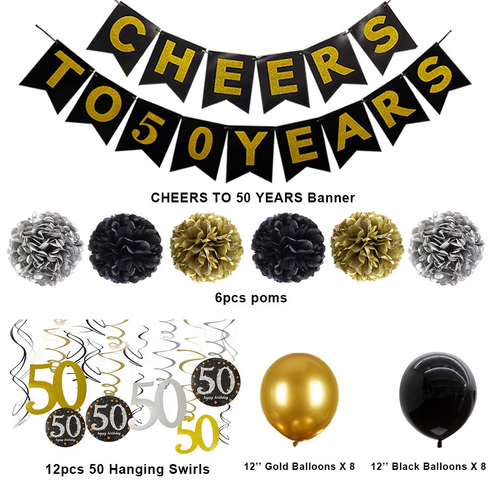 50th Birthday Decorations for Men Cheers to 50 Years Birthday Decorations Black and Gold 50th Birthday Banner for Men 50 Birthday Decorations for Men