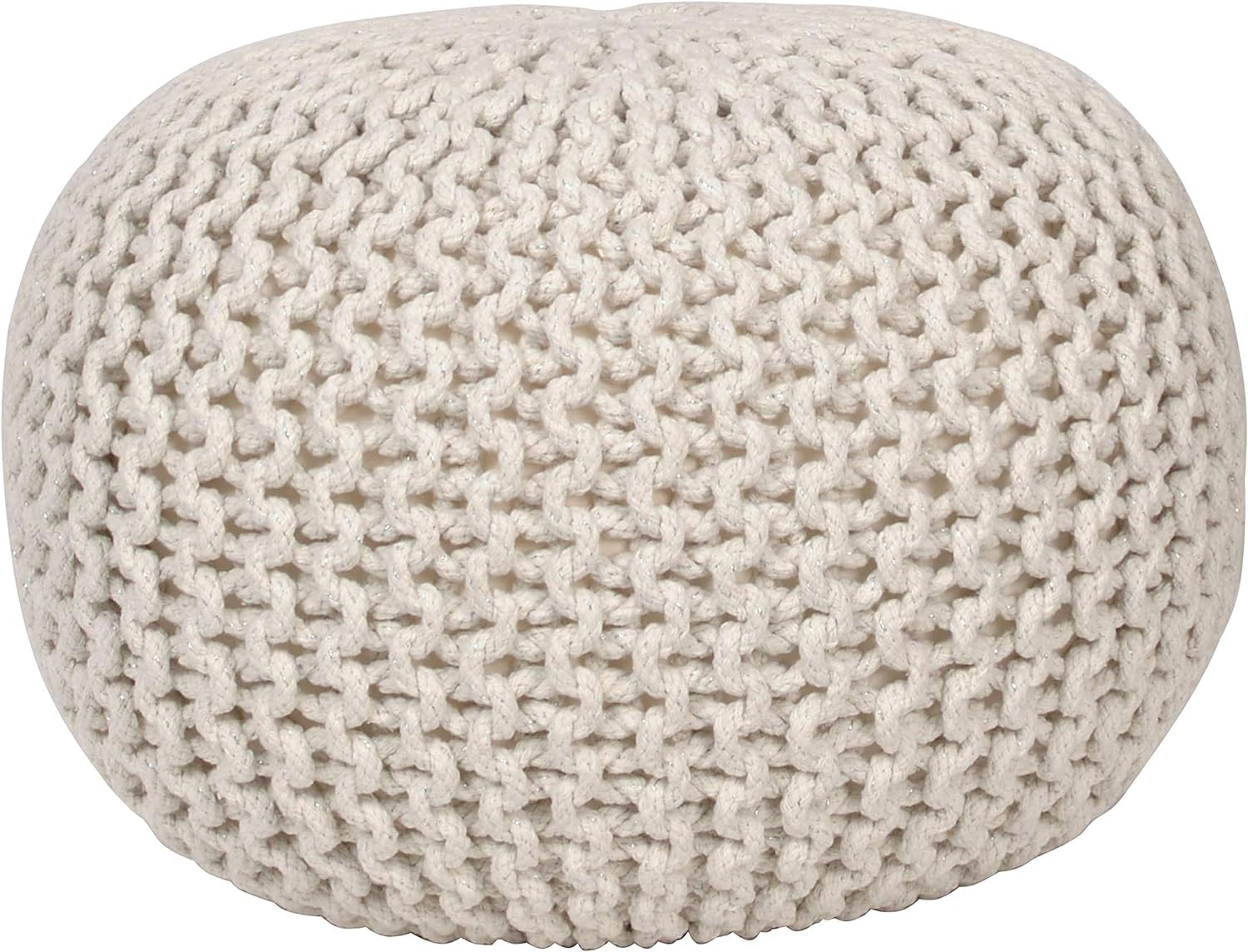 Decor Therapy Lola Round Knit Lurex Yarn and Cotton Pouf, Off-White 20x20x14