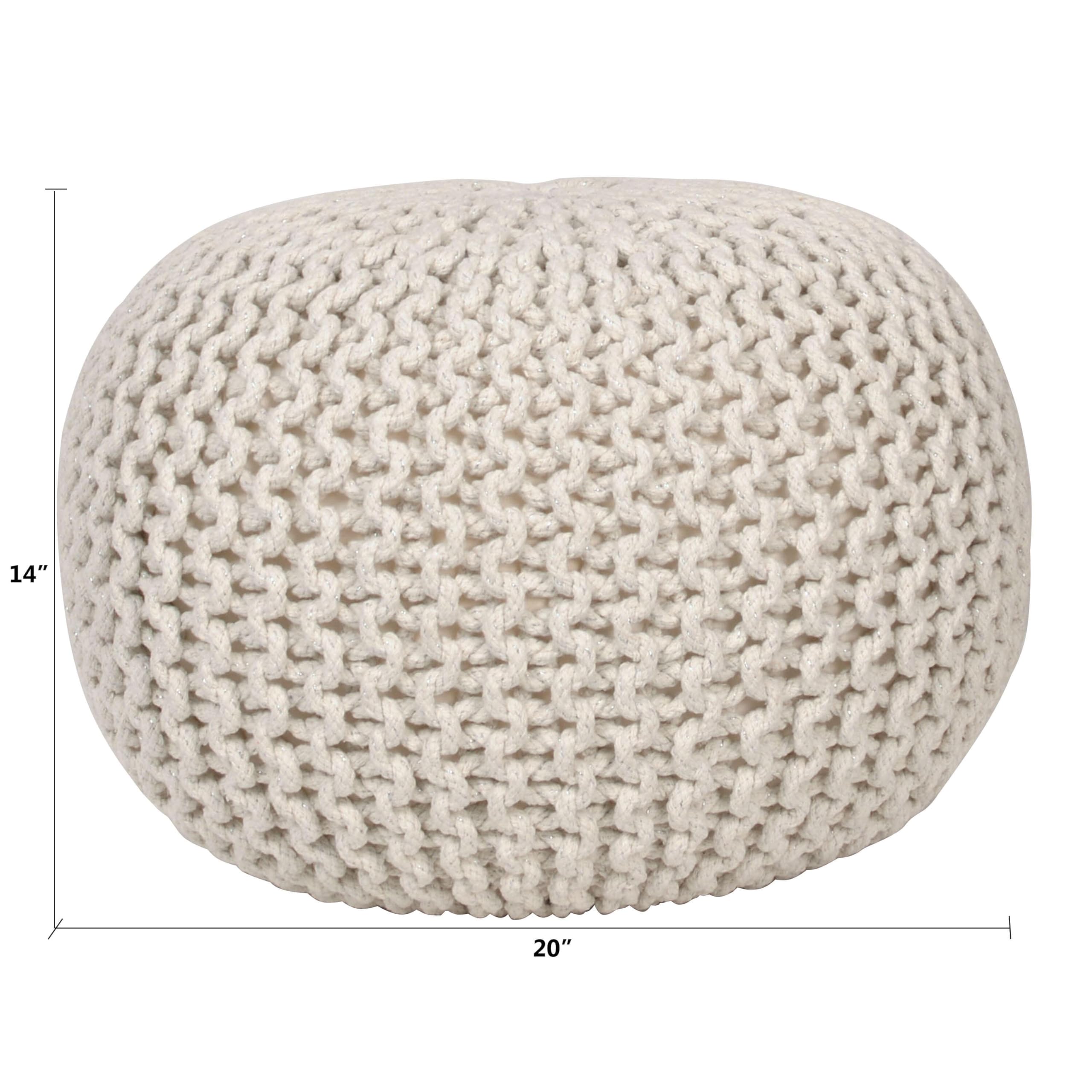 Decor Therapy Lola Round Knit Lurex Yarn and Cotton Pouf, Off-White 20x20x14