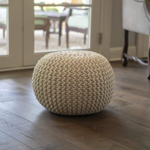 Decor Therapy Lola Round Knit Lurex Yarn and Cotton Pouf, Off-White 20x20x14