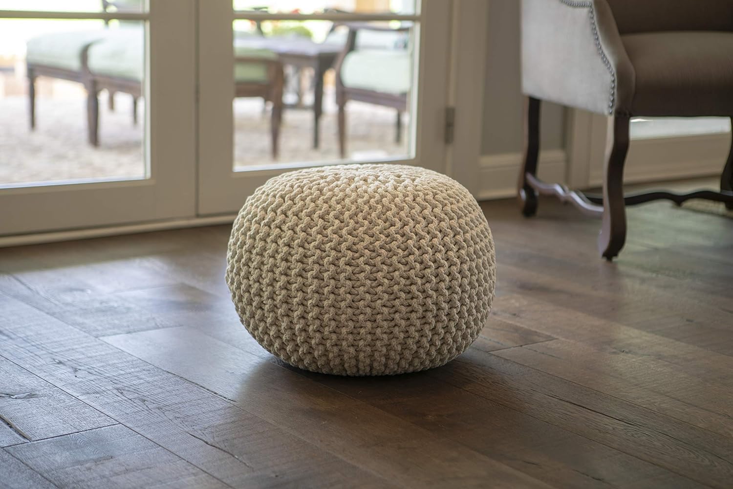 Decor Therapy Lola Round Knit Lurex Yarn and Cotton Pouf, Off-White 20x20x14