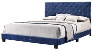 glory furniture suffolk velvet upholstered king bed in navy blue