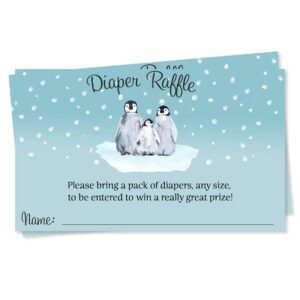 penguin baby shower diaper raffle ticket winter white blue snow penguins gender neutral unisex family waddle on over (25 count)