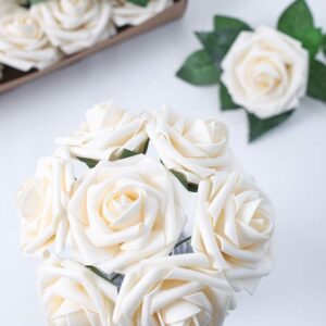 Floroom Artificial Flowers 50pcs Real Looking Cream Foam Fake Roses with Stems for DIY Wedding Bouquets Bridal Shower Centerpieces Floral Arrangements Party Tables Home Decorations