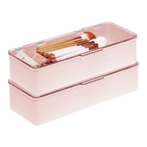 mdesign long plastic cosmetic storage organizer box containers with hinged lid for bedroom, bathroom vanity shelf or cabinet, holds masks, palettes, lotion, or nail polish, 2 pack - light pink/clear