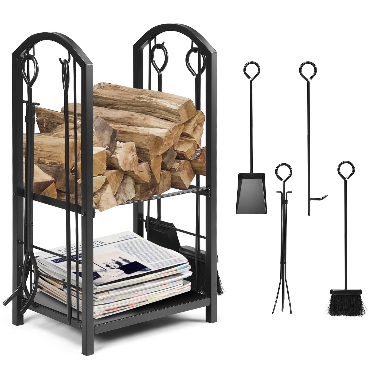 Tangkula Firewood Rack with 4 Fireplace Tools, Firewood Rack Bin Log Holder with Fire place Assecories Tools Set Includes Brush, Shovel, Poker, and Tongs(17.5 x 12 x 29.5 inches)