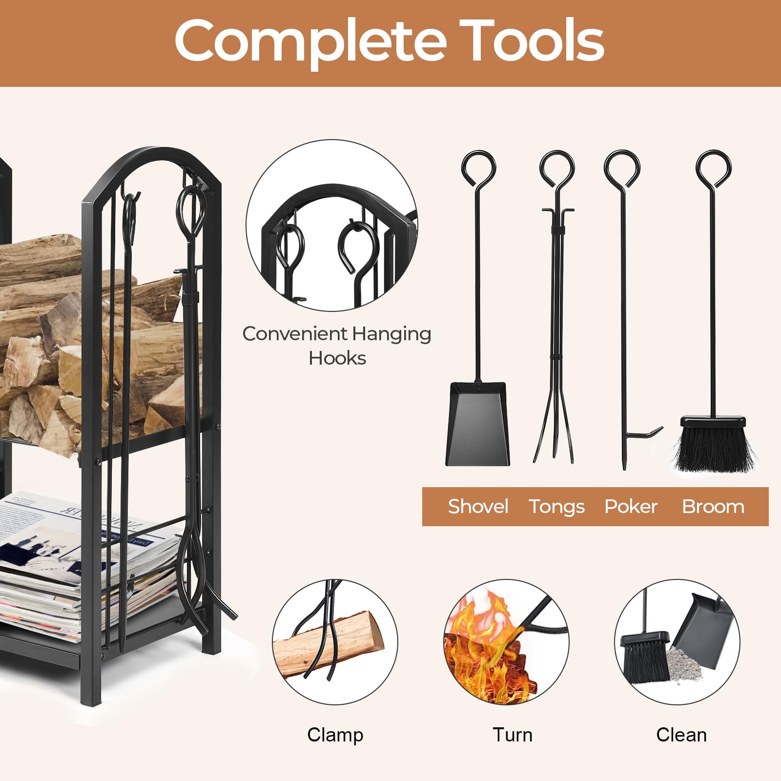 Tangkula Firewood Rack with 4 Fireplace Tools, Firewood Rack Bin Log Holder with Fire place Assecories Tools Set Includes Brush, Shovel, Poker, and Tongs(17.5 x 12 x 29.5 inches)