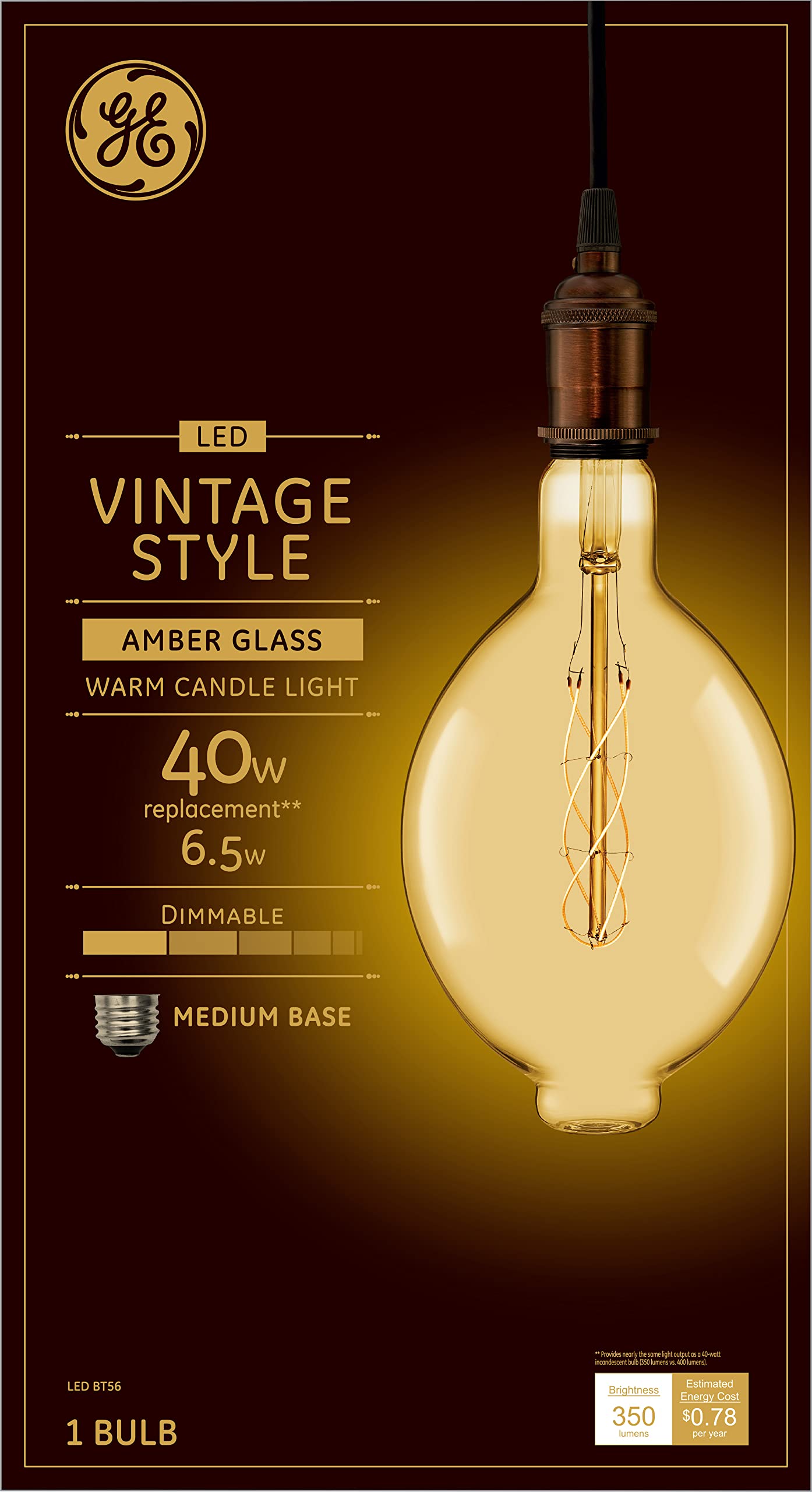 GE Lighting Vintage Style LED Light Bulb, 40 Watt Eqv, Amber Glass, Warm Candle Light, BT56 Large Light Bulb, Medium Base