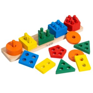 wooden educational sorting and stacking toy - learn color and shape recognition – puzzle blocks toy for toddlers – preschool children game – kids montessori education