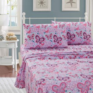 Better Home Style Pink Purple Lavender and Turquoise Blue Girls/Kids/Teens Sheet Set with Butterflies Flowers Floral with Pillowcases Flat and Fitted Sheets # Lavender Butterfly (Twin)