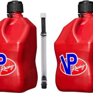 VP Racing 5.5-Gallon Square Motorsport Container (2 Pack) Red with 14" Deluxe Filler Hose (1 Pack) Features Close-Trimmed Cap and Neck for Tight Seal