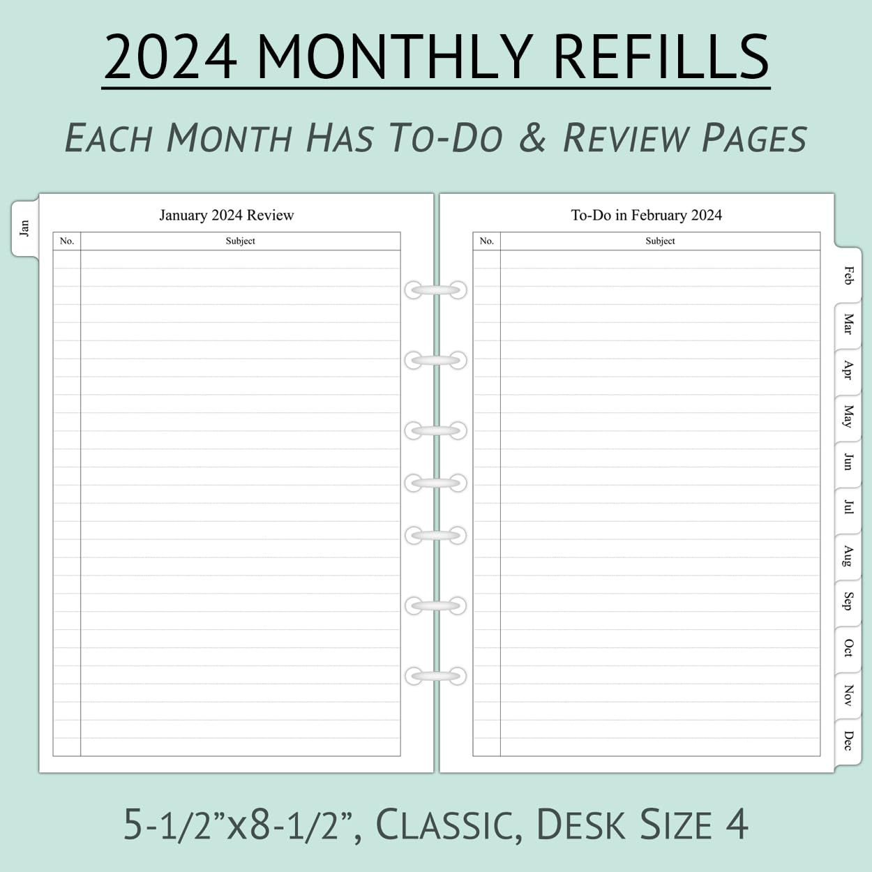 2024 Monthly Planner Refill 5-1/2" x 8-1/2", Runs from January 2024 to December 2024, Two Pages Per Month, Desk Size 4, 7-Hole Punched