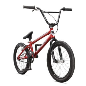 mongoose title pro xxl bmx race bike with 20-inch wheels in red for beginner or returning riders, featuring lightweight tectonic t1 aluminum frame and internal cable routing