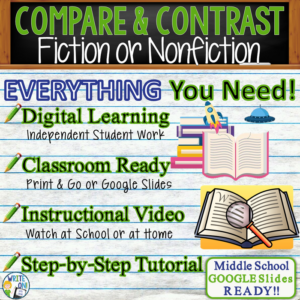 compare and contrast writing essay -distance learning, independent student instruction, lesson, instructional video, ppt, worksheets, rubric, graphic organizer, & google slides – fiction or nonfiction