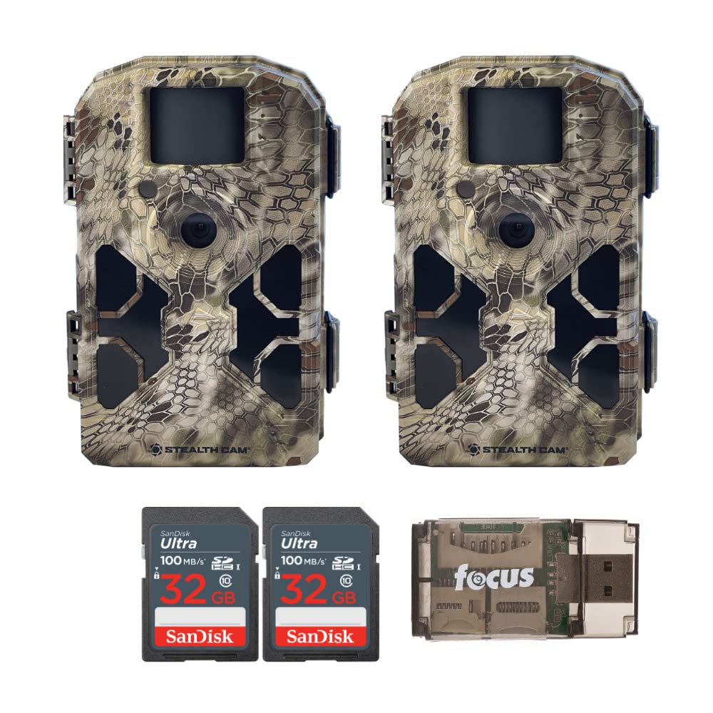 Stealth Cam 2020 G42NG 24MP Trail Cameras (2-Pack) and Memory Cards Bundle. No-Glow Flash, 100-Ft. IR Range, Kryptek Camo, HD Video (5 Items)