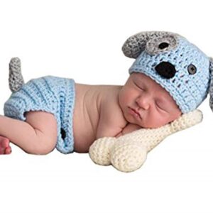 Newborn Baby Girl Boy Photo Props Outfits Crochet Knitted Blue Dog Hat Shorts with Bone Set for Boys Girls Photography Shoot (0-6 Months)