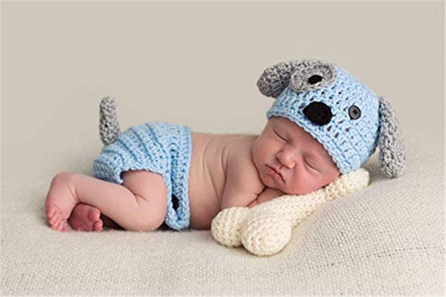 Newborn Baby Girl Boy Photo Props Outfits Crochet Knitted Blue Dog Hat Shorts with Bone Set for Boys Girls Photography Shoot (0-6 Months)