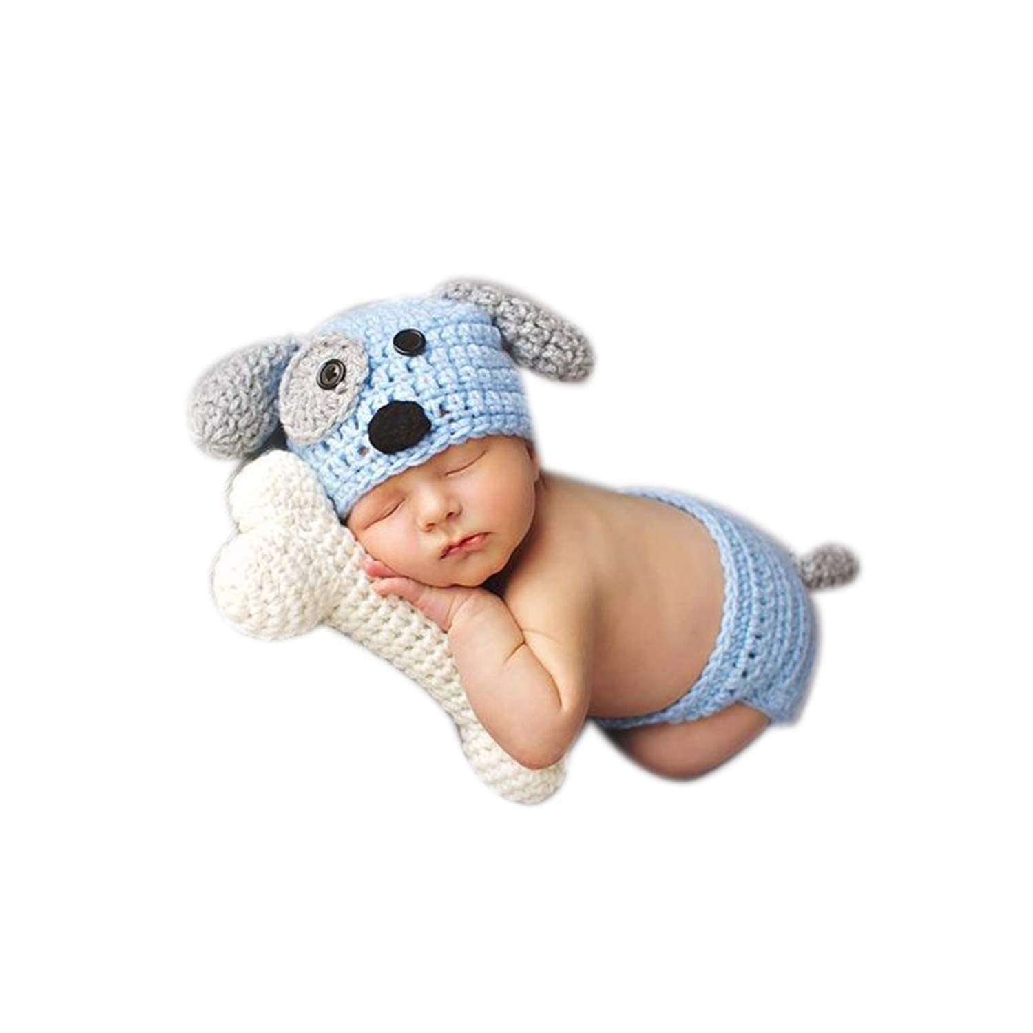 Newborn Baby Girl Boy Photo Props Outfits Crochet Knitted Blue Dog Hat Shorts with Bone Set for Boys Girls Photography Shoot (0-6 Months)