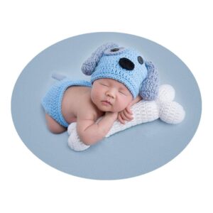 Newborn Baby Girl Boy Photo Props Outfits Crochet Knitted Blue Dog Hat Shorts with Bone Set for Boys Girls Photography Shoot (0-6 Months)