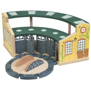 maxim enterprise, inc. wooden train round house combo with rotating turntable, train shed to house 5 engines or cars, wooden train track accessories compatible with major brand railway sets