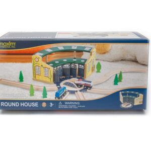 maxim enterprise, inc. Wooden Train Round House Combo with Rotating Turntable, Train Shed to House 5 Engines or Cars, Wooden Train Track Accessories Compatible with Major Brand Railway Sets