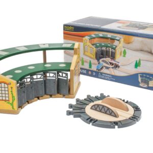 maxim enterprise, inc. Wooden Train Round House Combo with Rotating Turntable, Train Shed to House 5 Engines or Cars, Wooden Train Track Accessories Compatible with Major Brand Railway Sets