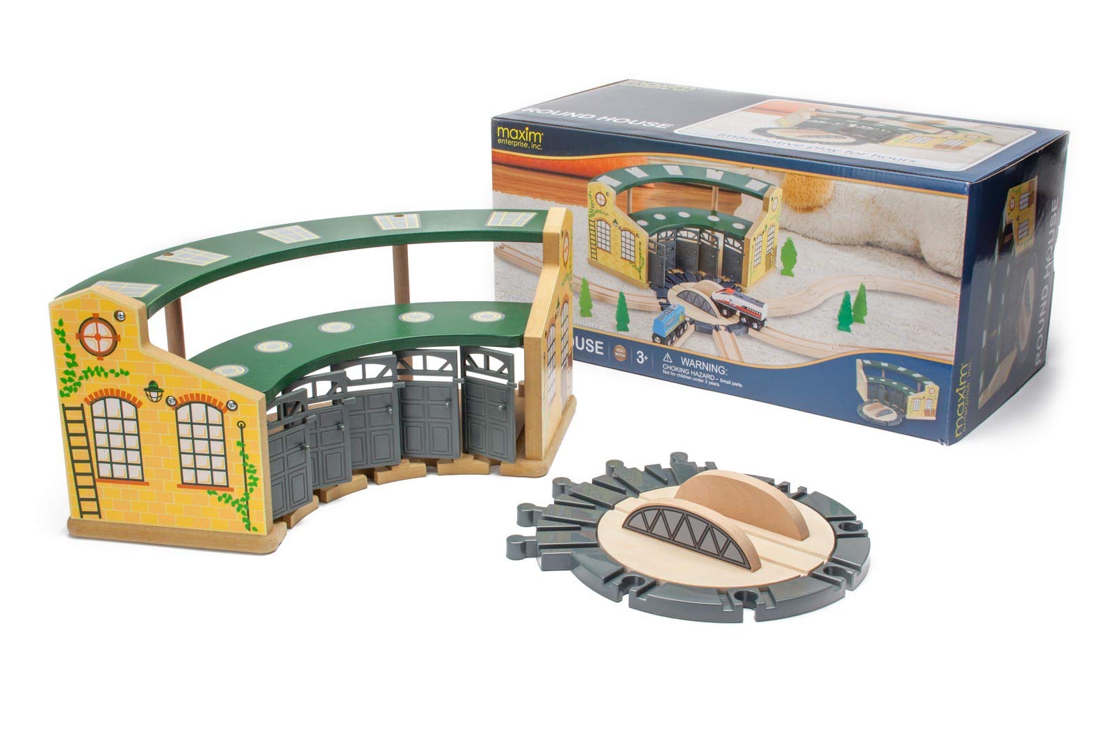 maxim enterprise, inc. Wooden Train Round House Combo with Rotating Turntable, Train Shed to House 5 Engines or Cars, Wooden Train Track Accessories Compatible with Major Brand Railway Sets