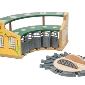 maxim enterprise, inc. Wooden Train Round House Combo with Rotating Turntable, Train Shed to House 5 Engines or Cars, Wooden Train Track Accessories Compatible with Major Brand Railway Sets