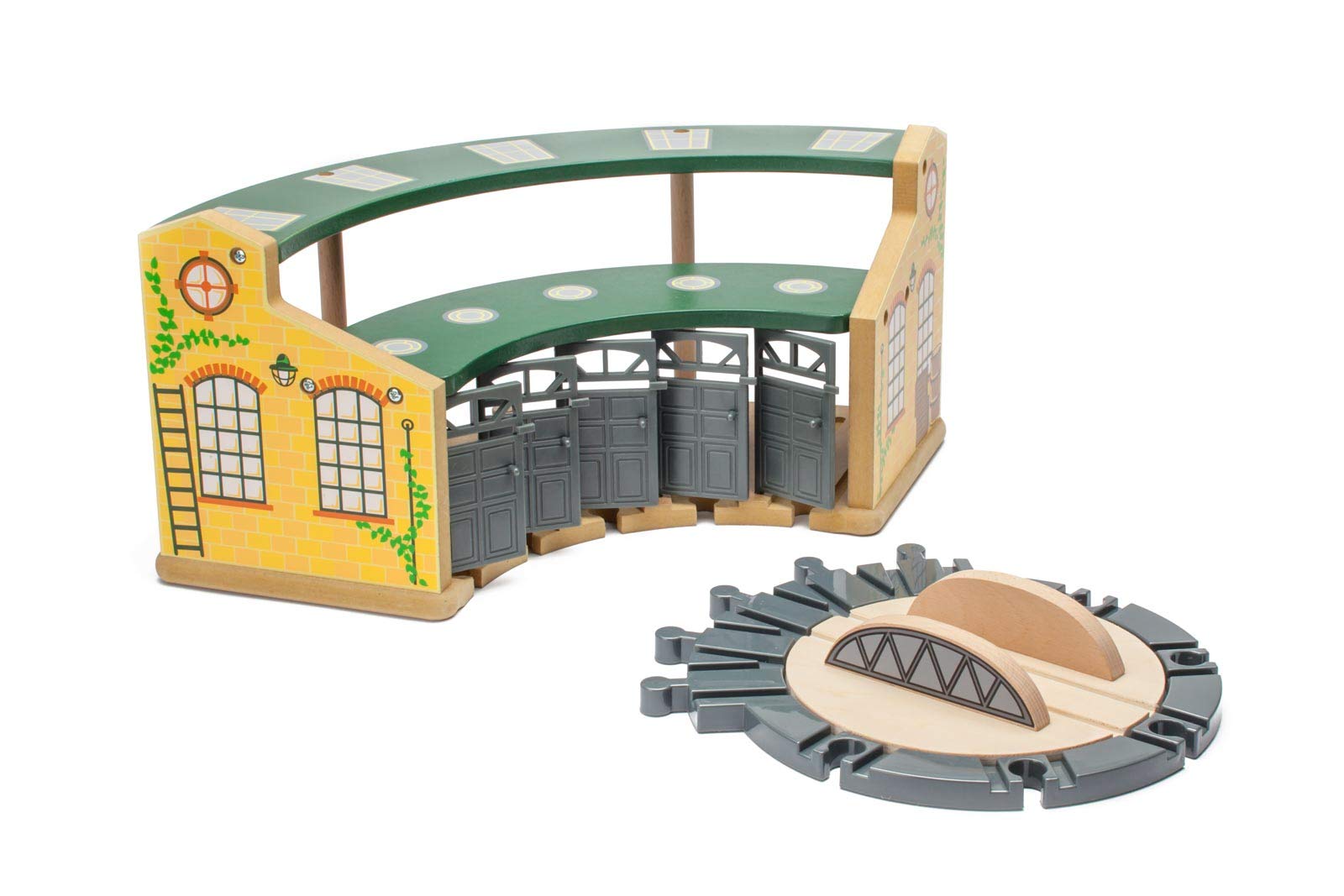 maxim enterprise, inc. Wooden Train Round House Combo with Rotating Turntable, Train Shed to House 5 Engines or Cars, Wooden Train Track Accessories Compatible with Major Brand Railway Sets