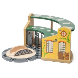 maxim enterprise, inc. Wooden Train Round House Combo with Rotating Turntable, Train Shed to House 5 Engines or Cars, Wooden Train Track Accessories Compatible with Major Brand Railway Sets