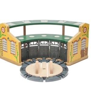 maxim enterprise, inc. Wooden Train Round House Combo with Rotating Turntable, Train Shed to House 5 Engines or Cars, Wooden Train Track Accessories Compatible with Major Brand Railway Sets