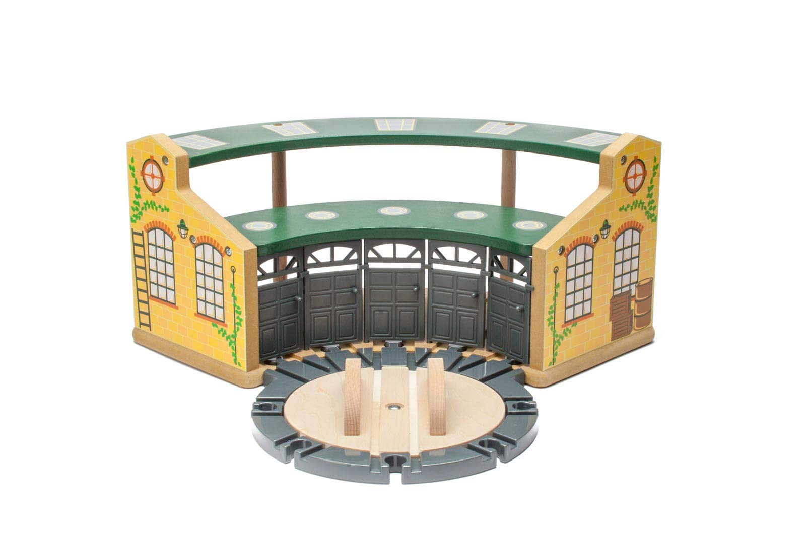 maxim enterprise, inc. Wooden Train Round House Combo with Rotating Turntable, Train Shed to House 5 Engines or Cars, Wooden Train Track Accessories Compatible with Major Brand Railway Sets