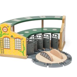 maxim enterprise, inc. Wooden Train Round House Combo with Rotating Turntable, Train Shed to House 5 Engines or Cars, Wooden Train Track Accessories Compatible with Major Brand Railway Sets