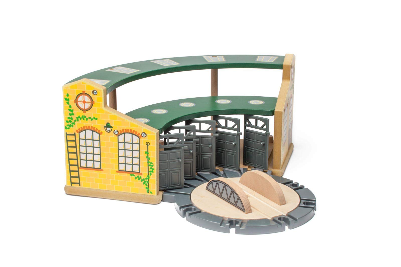 maxim enterprise, inc. Wooden Train Round House Combo with Rotating Turntable, Train Shed to House 5 Engines or Cars, Wooden Train Track Accessories Compatible with Major Brand Railway Sets