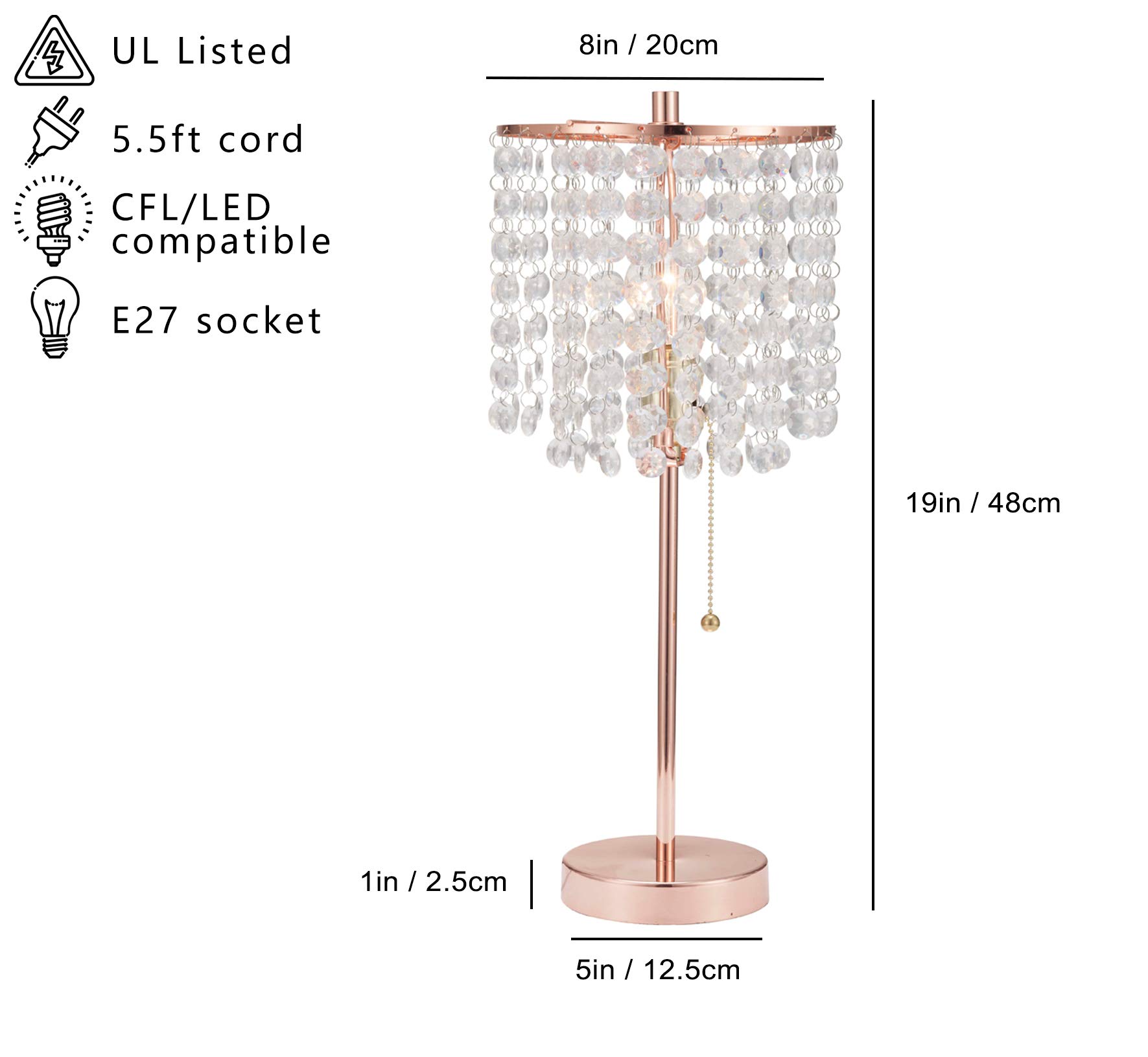 SH Lighting Crystal Inspired Table Desk Lamp - Features Convenient Pull Chain - 19" Tall Great for Bedrooms, Living Rooms, or Offices (Rose Gold)