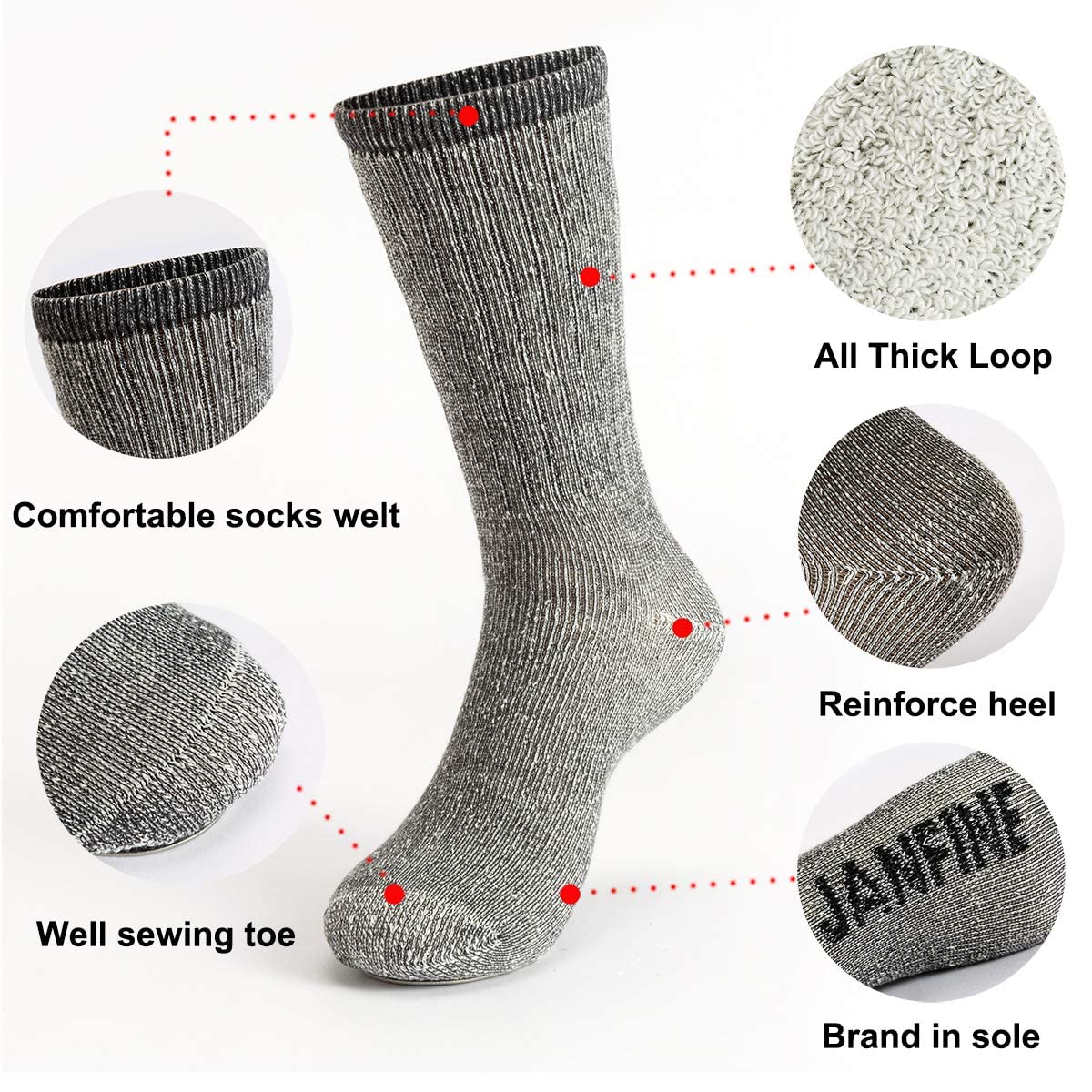 JANFINE Merino Wool Hiking Socks Thermal Warm Cushion Boot Socks for Men & Women（（Dark Grey(2 pairs),US Size 9-13）