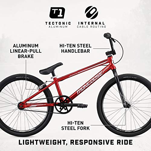 Mongoose Title Pro BMX Race Bike with 24-Inch Wheels in Red for Beginner or Returning Riders, Featuring Lightweight Tectonic T1 Aluminum Frame and Internal Cable Routing