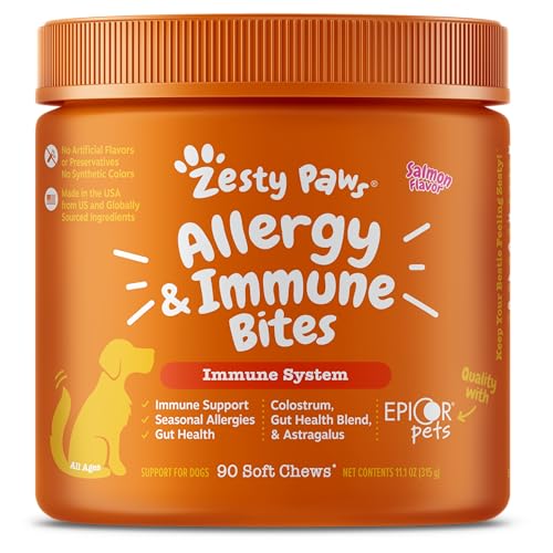 Zesty Paws Dog Allergy Relief - Anti Itch Supplement - Omega 3 Probiotics for Dogs - Digestive Health - Soft Chews for Skin & Seasonal Allergies - with Epicor Pets - Salmon 90 Count