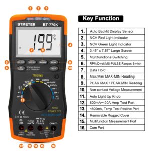 BTMETER BT-770K Auto Ranging Automotive Multimeter for Dwell Angle Pulse Width Tach Temperature Duty Cycle Voltage Current Resistance Test