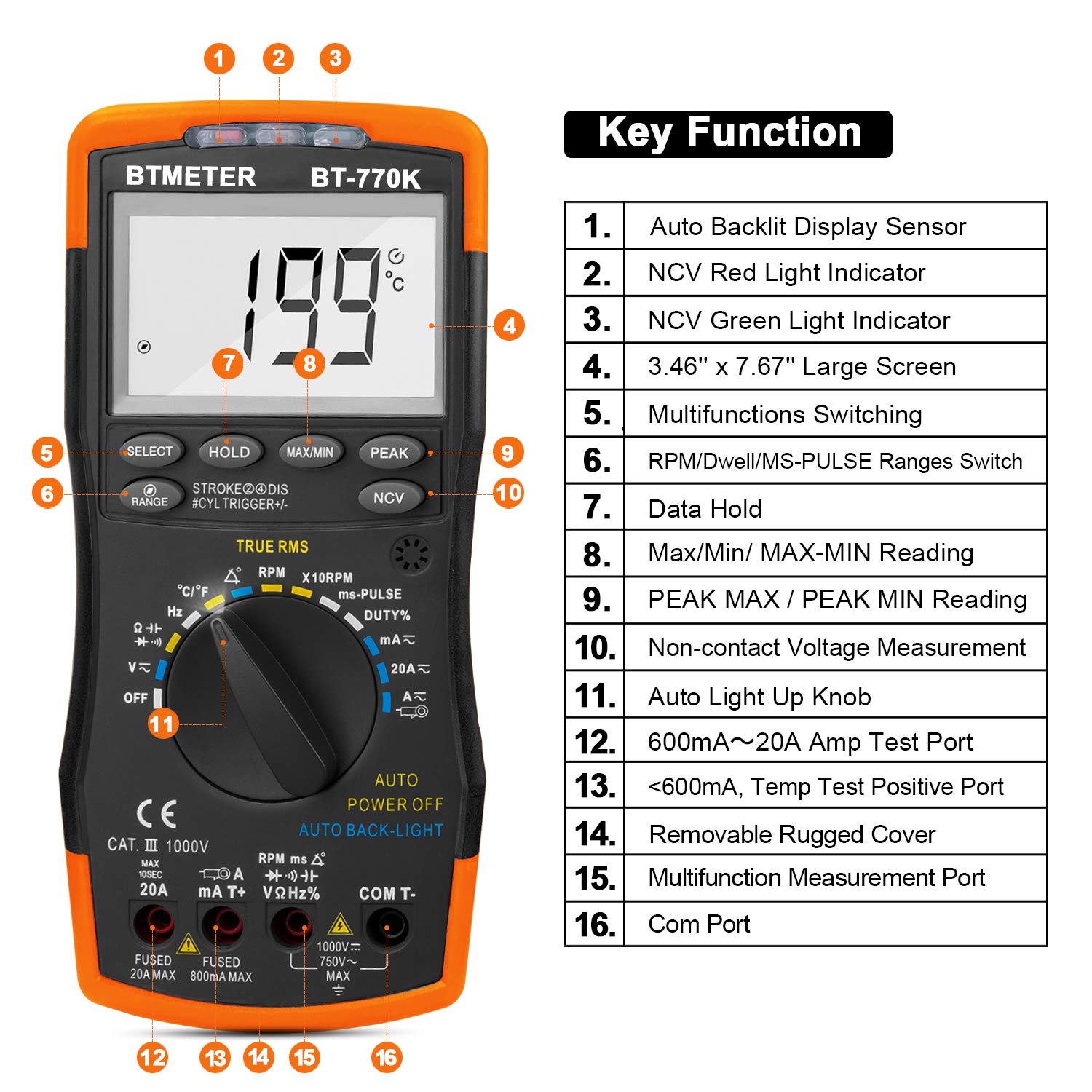 BTMETER BT-770K Auto Ranging Automotive Multimeter for Dwell Angle Pulse Width Tach Temperature Duty Cycle Voltage Current Resistance Test