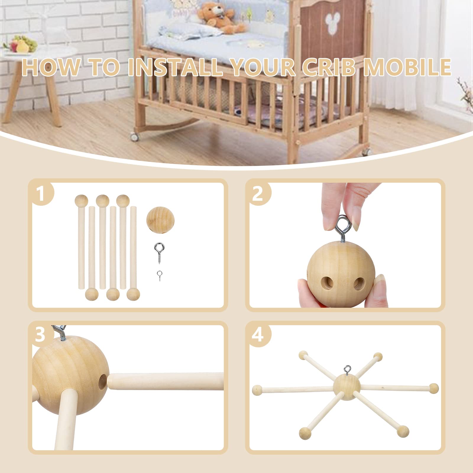 Focalmotors Baby Wooden Mobile Hanger,Mobile kit Crib,Mobile Hanging Frame Bed Toy Decoration DIY Crafts Photography Props Newborn Gift (Style-C)