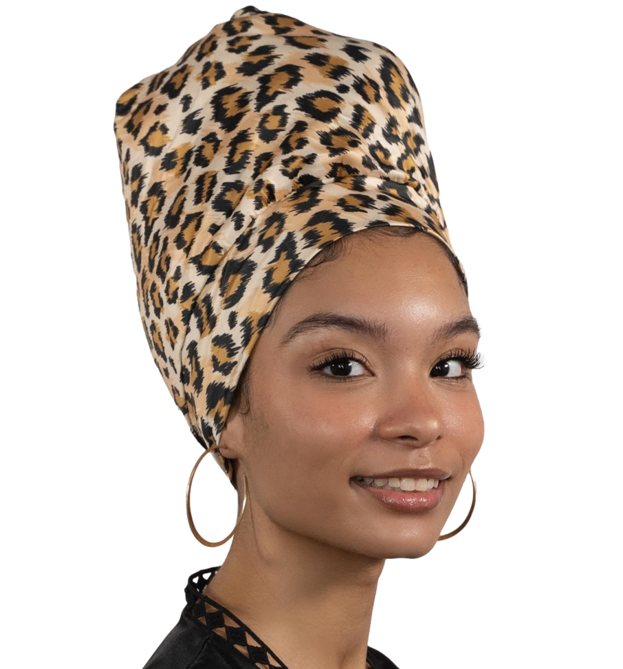 Olivia Sylx Satin Sleep Cap and Hair Bonnet for Sleeping - Satin Lined Sleep Cap, Sleeping Bonnet Satin Head Wrap - Satin Hair Wrap - Cheetah