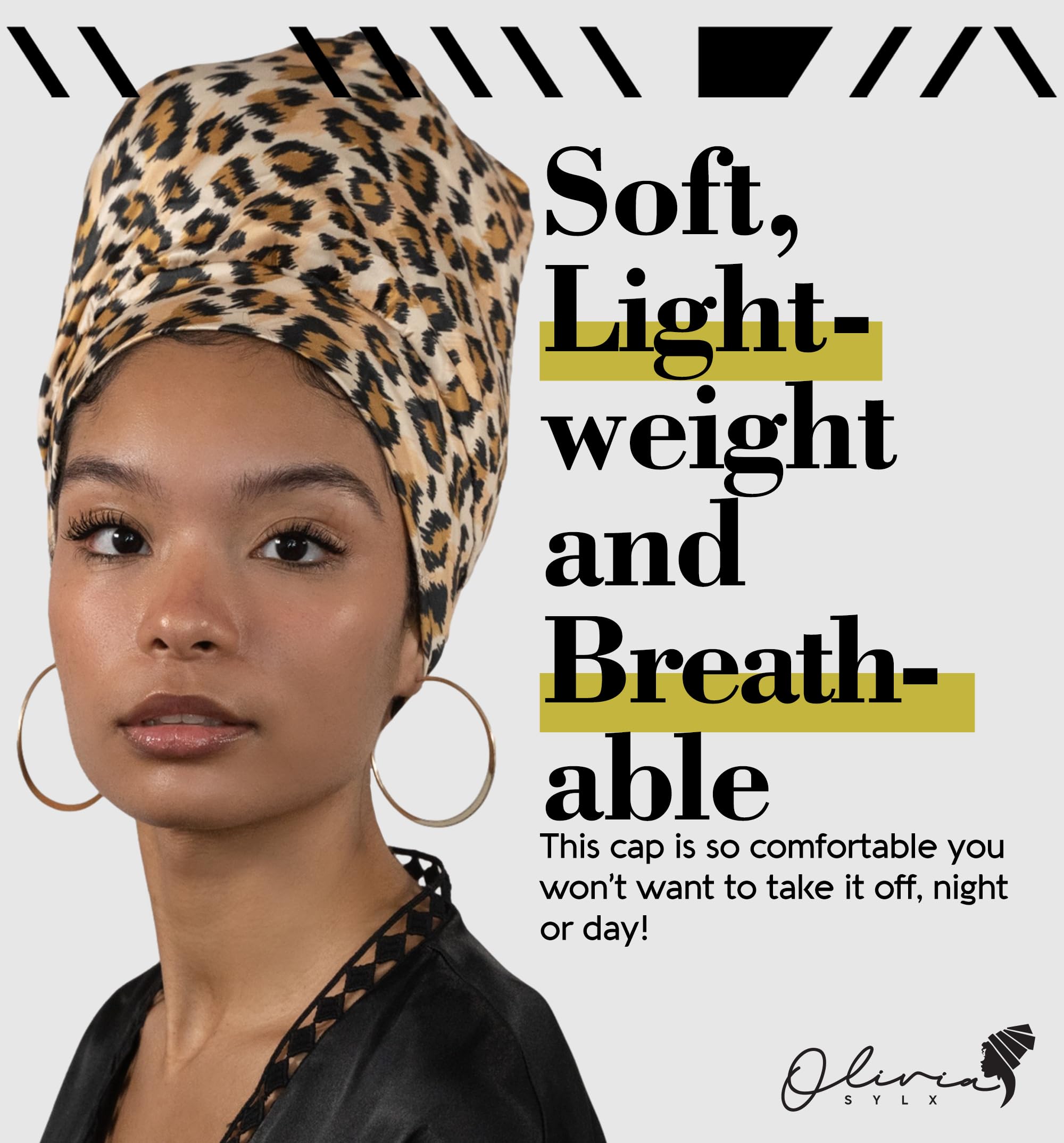 Olivia Sylx Satin Sleep Cap and Hair Bonnet for Sleeping - Satin Lined Sleep Cap, Sleeping Bonnet Satin Head Wrap - Satin Hair Wrap - Cheetah