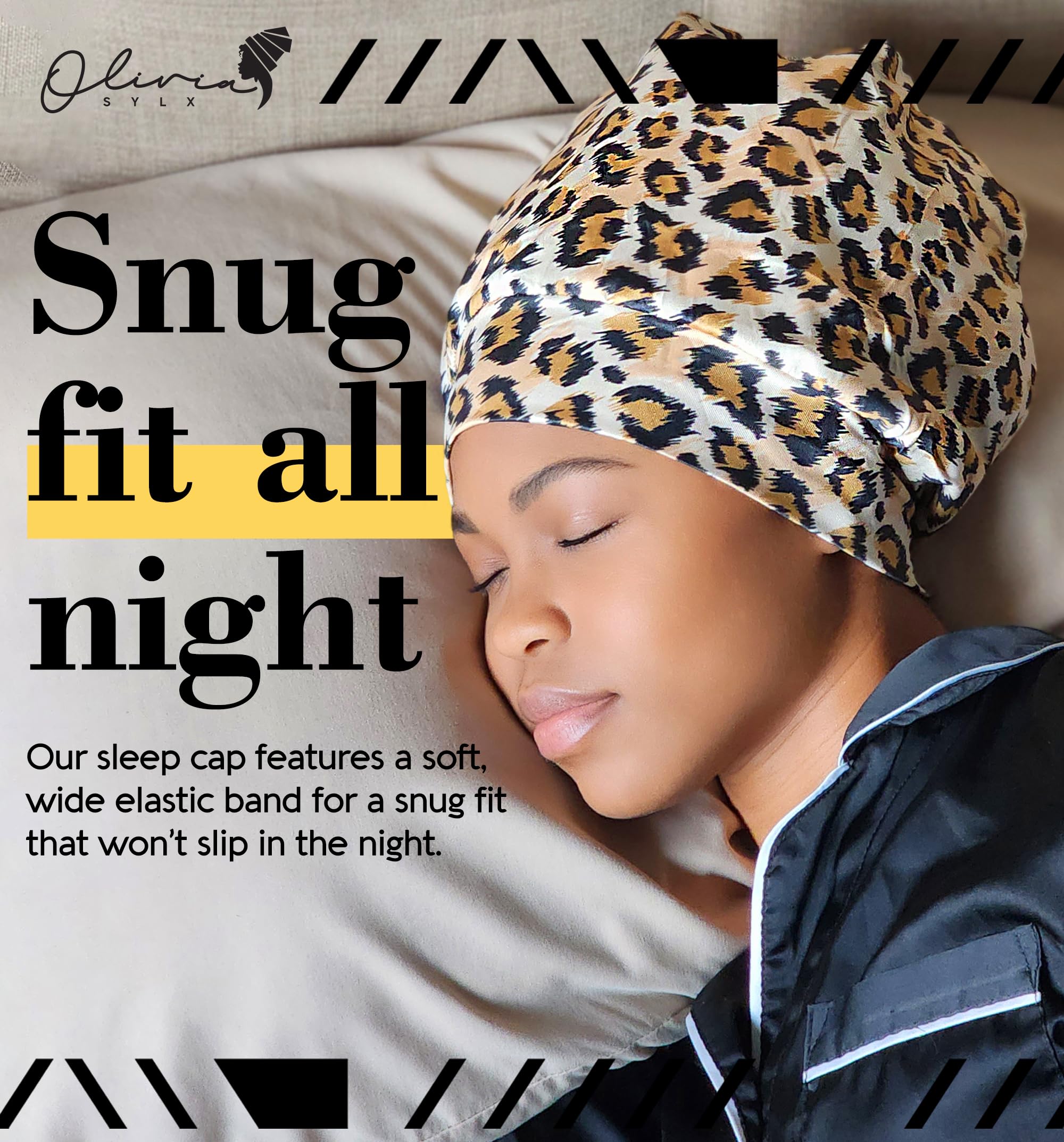 Olivia Sylx Satin Sleep Cap and Hair Bonnet for Sleeping - Satin Lined Sleep Cap, Sleeping Bonnet Satin Head Wrap - Satin Hair Wrap - Cheetah