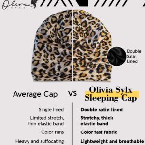 Olivia Sylx Satin Sleep Cap and Hair Bonnet for Sleeping - Satin Lined Sleep Cap, Sleeping Bonnet Satin Head Wrap - Satin Hair Wrap - Cheetah