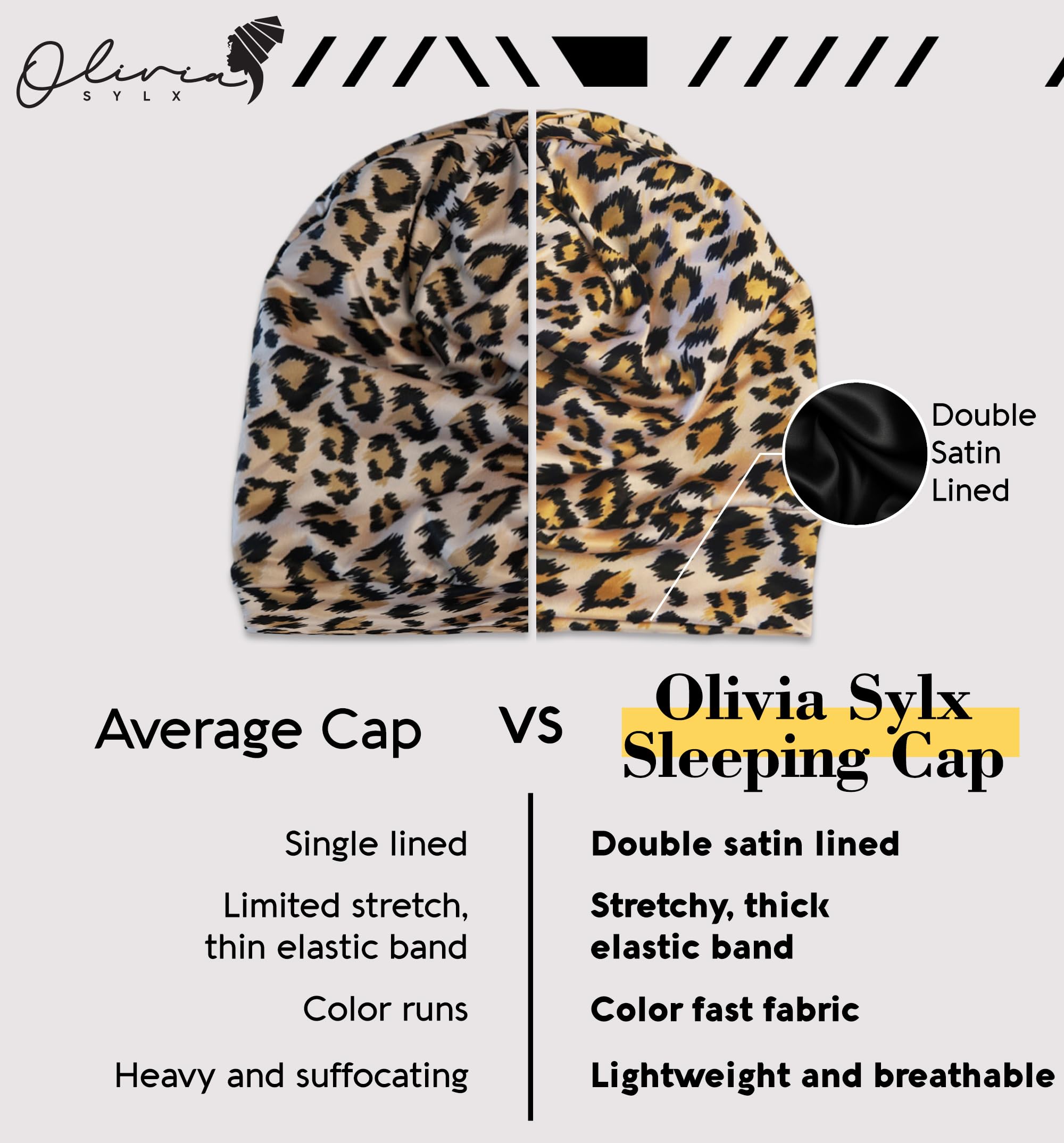 Olivia Sylx Satin Sleep Cap and Hair Bonnet for Sleeping - Satin Lined Sleep Cap, Sleeping Bonnet Satin Head Wrap - Satin Hair Wrap - Cheetah