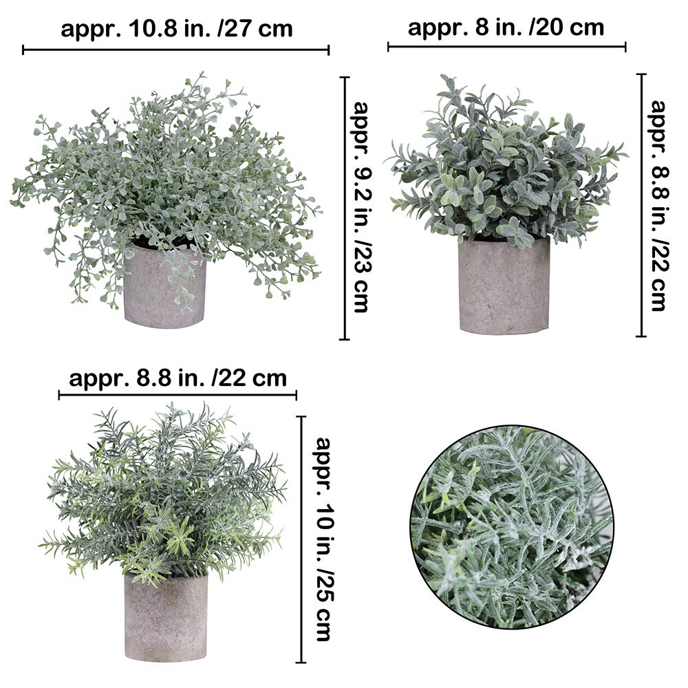 Winlyn Mini Potted Plants Artificial Flocked Eucalyptus Boxwood Rosemary Greenery in Pots Faux Potted Herbs Small Houseplants 8.8"-10" Tall for Indoor Greenery Tabletop Décor Centerpiece 3 Pack