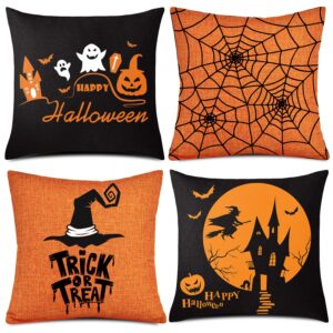 whaline 4 pieces halloween pillow case, orange and black pillow cover, happy halloween linen sofa bed throw cushion cover decoration (18" x 18")