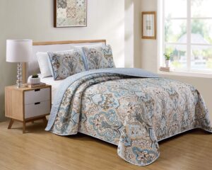 kids zone home linen bedspread set damask pattern light blue white beige and brown new (king/california king)